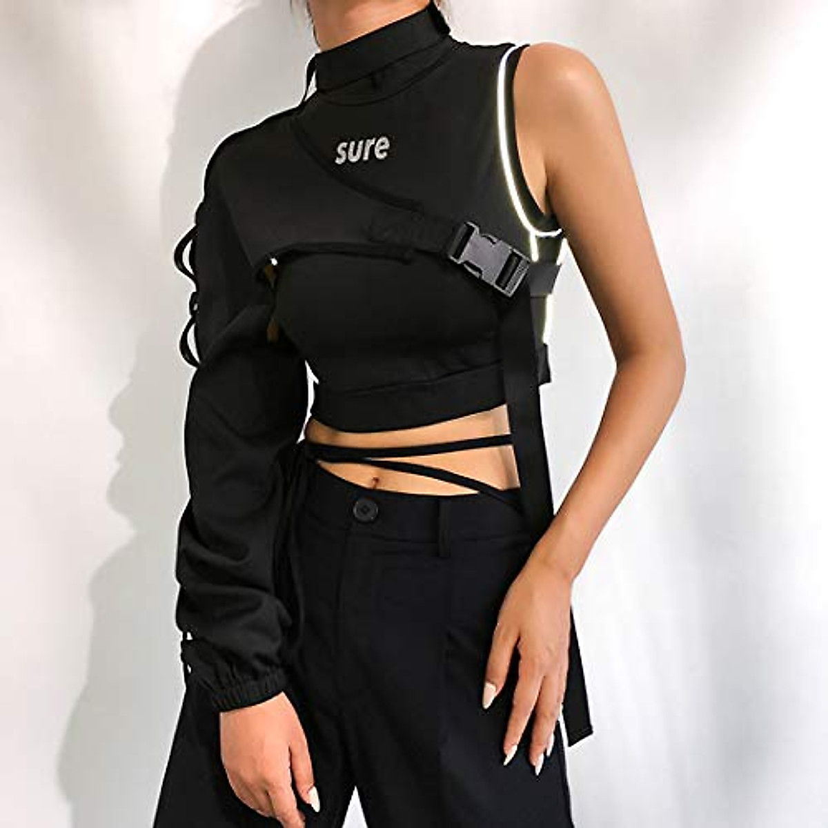 FlyCC Women Sexy One Shoulder Adjustable Buckle Crop Tops - Reflective Festival Rave Form Fitting Shrugs Black