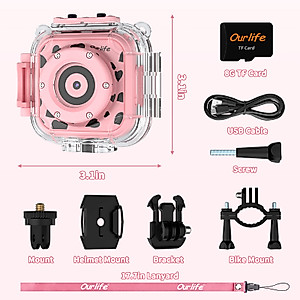 Ourlife Waterproof Camera for Kids, 1080P HD Kids Digital Action Camera Underwater Camera with 8GB SD Card, Birthday Gift Toys for Girls Age 3-14