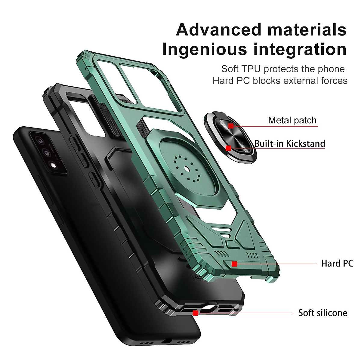 Ailiber Phone Case for Alcatel TCL 30T (T603DL), TCL 30 T Case with Screen Protector, Ring Kickstand for Magnetic Car Mount Military Grade, Heavy Duty Shockproof Protective Cover for TCL 30T-Green
