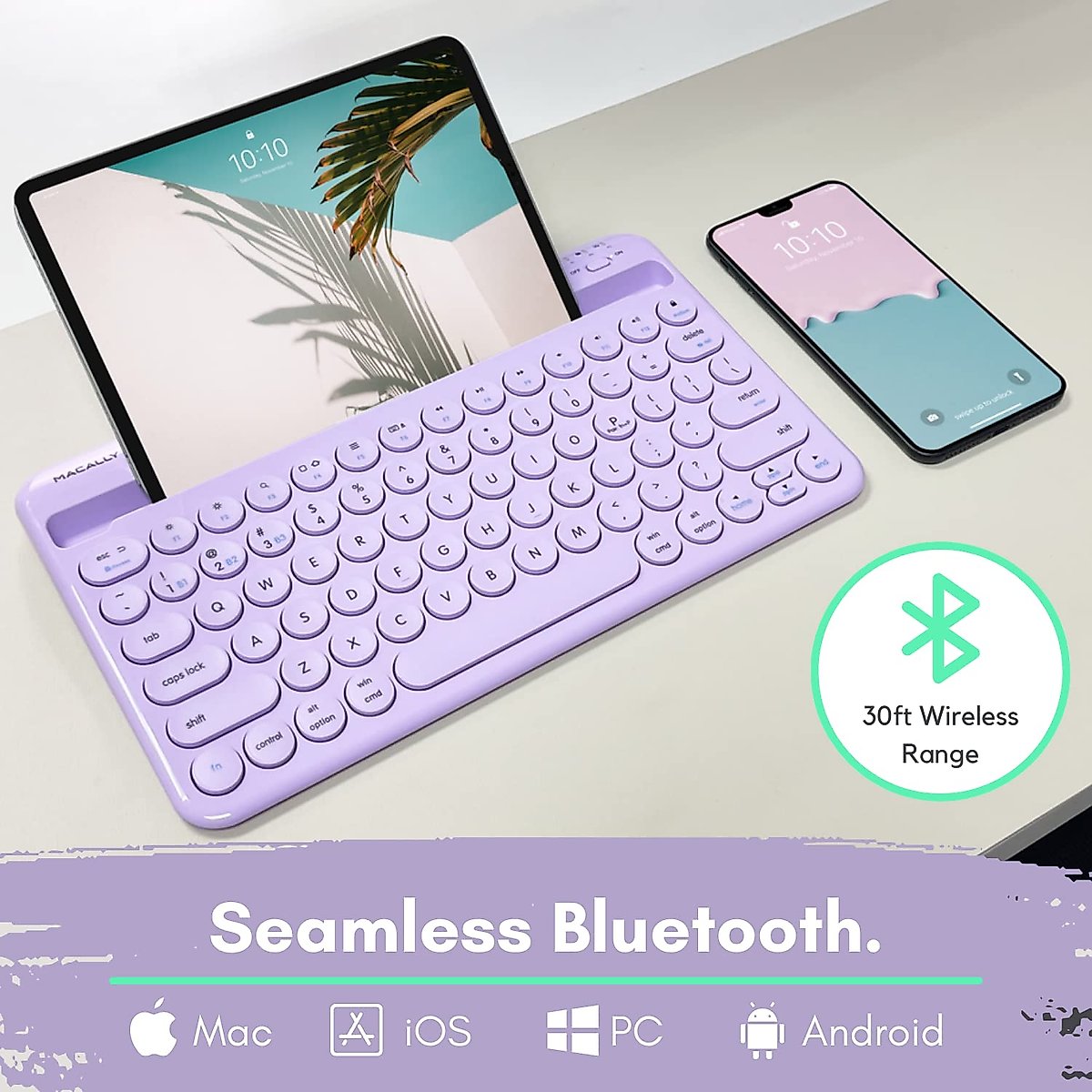 Macally Small Wireless Bluetooth Keyboard for iPad Mini/Air/Pro, iPhone, Tablet, and Phone - 78 Key iPad Keyboard with Built-in Stand - Universal Compatible Multi Device - Purple