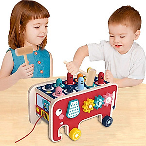 NUKied Wooden Hammering and Pounding Toys, Wooden Toys for 1 Year Old with 2 Mallets Pull Along Elephant Gopher Toy, Montessori Toys for 1 2 3 Year Old Toddler Boys Girls Birthday