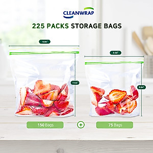 CLEANWRAP Clean Zipper Bag (Mix 225 Bags) | Plastic Bags for Food, Food Storage Bags, Food Bag, Zip Lock, Slider Bags | Medium Zip Bags, Zip Bags for Storage, Plastic Storage Bags for Food
