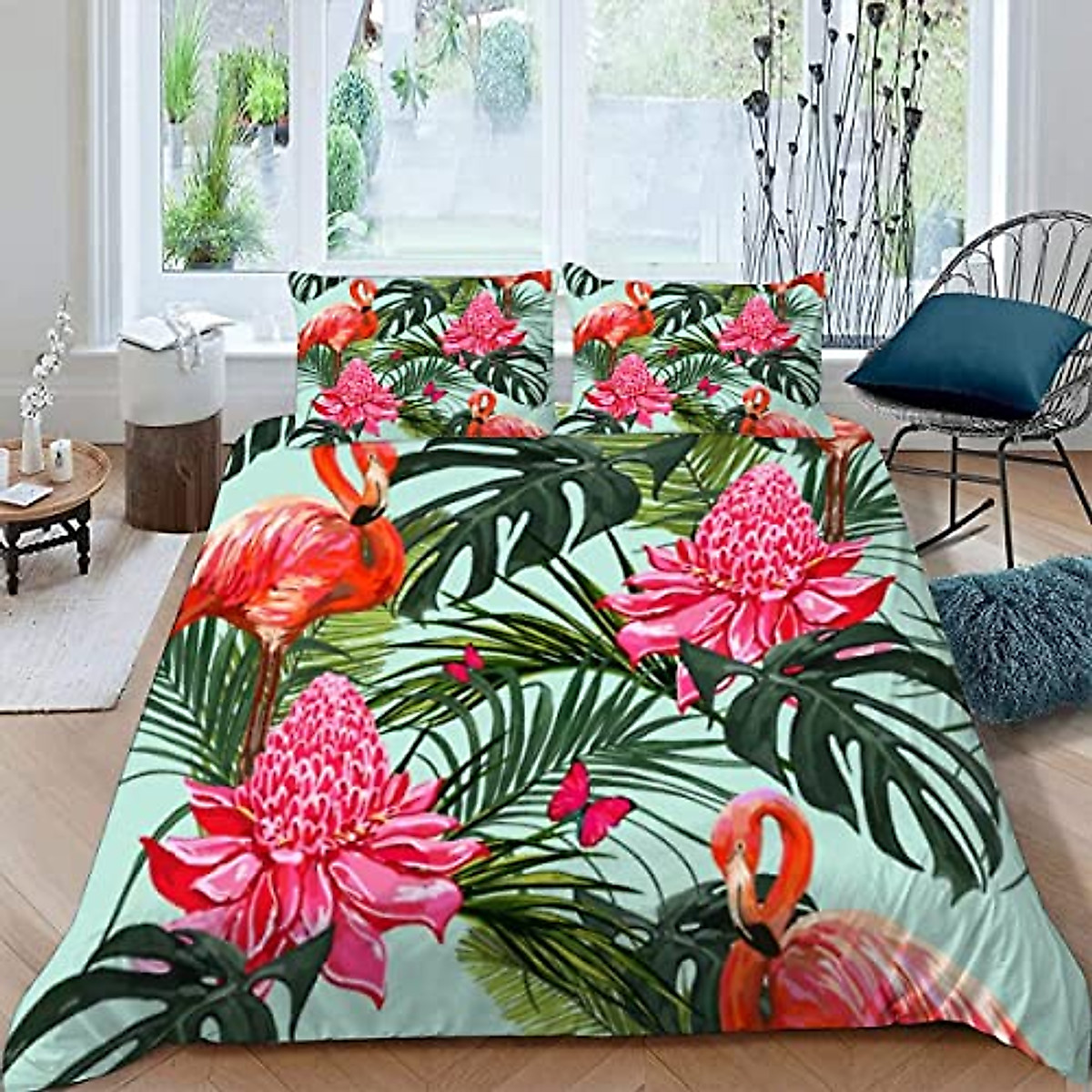 Quilt Cover Full Size Pink Flamingo 3D Bedding Sets Palm Leaves Duvet Cover Breathable Hypoallergenic Stain Wrinkle Resistant Microfiber with Zipper Closure,beding Set with 2 Pillowcase