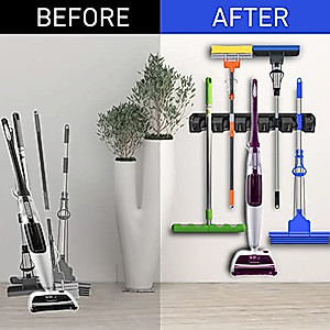 LIVCRT Broom Holder & Wall Mount Garden Tool Organizer- Kitchen, Closet, Garage & Laundry Room Storage With 5 Slots & 6 Hooks - Wall Holder For Broom, Rake & Mop Handles (Black)