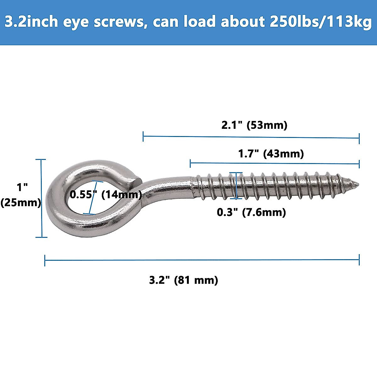 AYSUM 20Pcs 3.2 Inch Screw Eyes Heavy Duty Stainless Steel Screw in Eye Hooks for Wood, Metal Eye Lag Eyebolt for Indoor & Outdoor Use