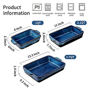 KOOV Bakeware Set, Ceramic Baking Dish Set, Rectangular Casserole Dish Set, lasagna Pan, Baking Pans Set for Cooking, Cake Dinner, Kitchen, 9 x 13 Inches, Reactive Glaze 3-Piece (Nebula Blue)