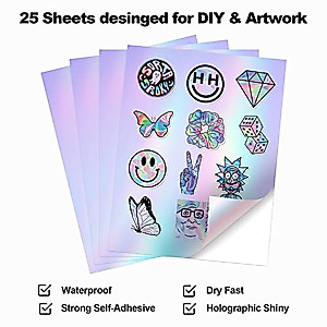 Printable Holographic Sticker Paper for Inkjet Printer, Holographic Overlay for Stickers 25 Sheets 8.5 x 11 Inch. Holographic Labels for Scrapbooking, Bullet Journal,Bottles,Jar,Laptop, Class Project