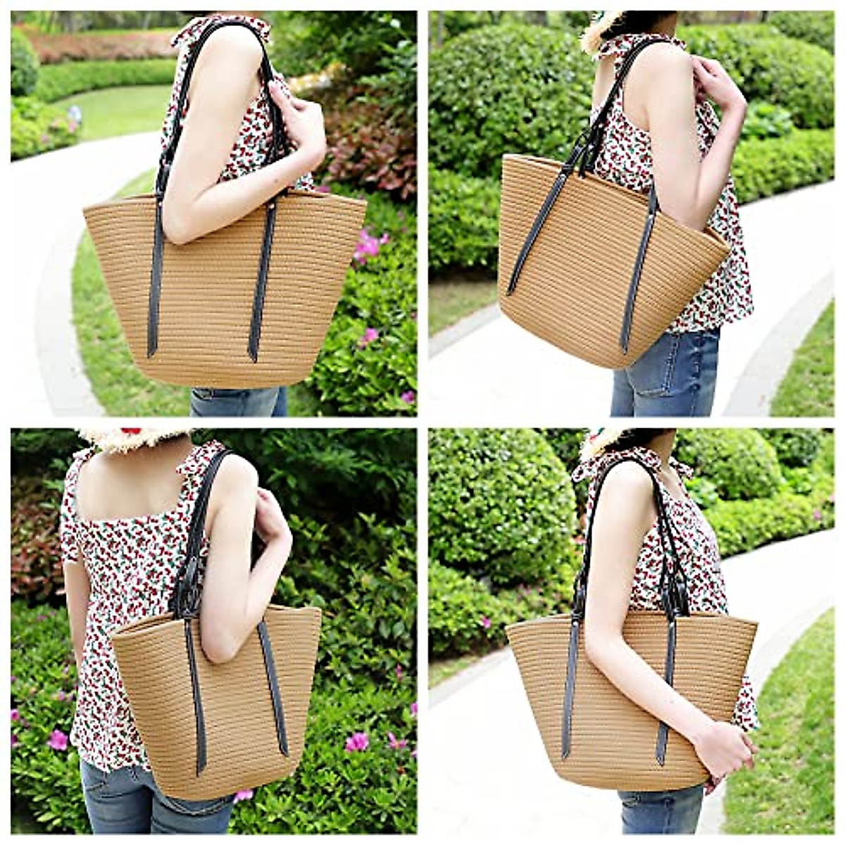 Ayliss Women Large Beach Tote Shoulder Handbag Summer Beach Cotton Crochet Handwoven Weaving Shoulder Purse Bag (Khaki)