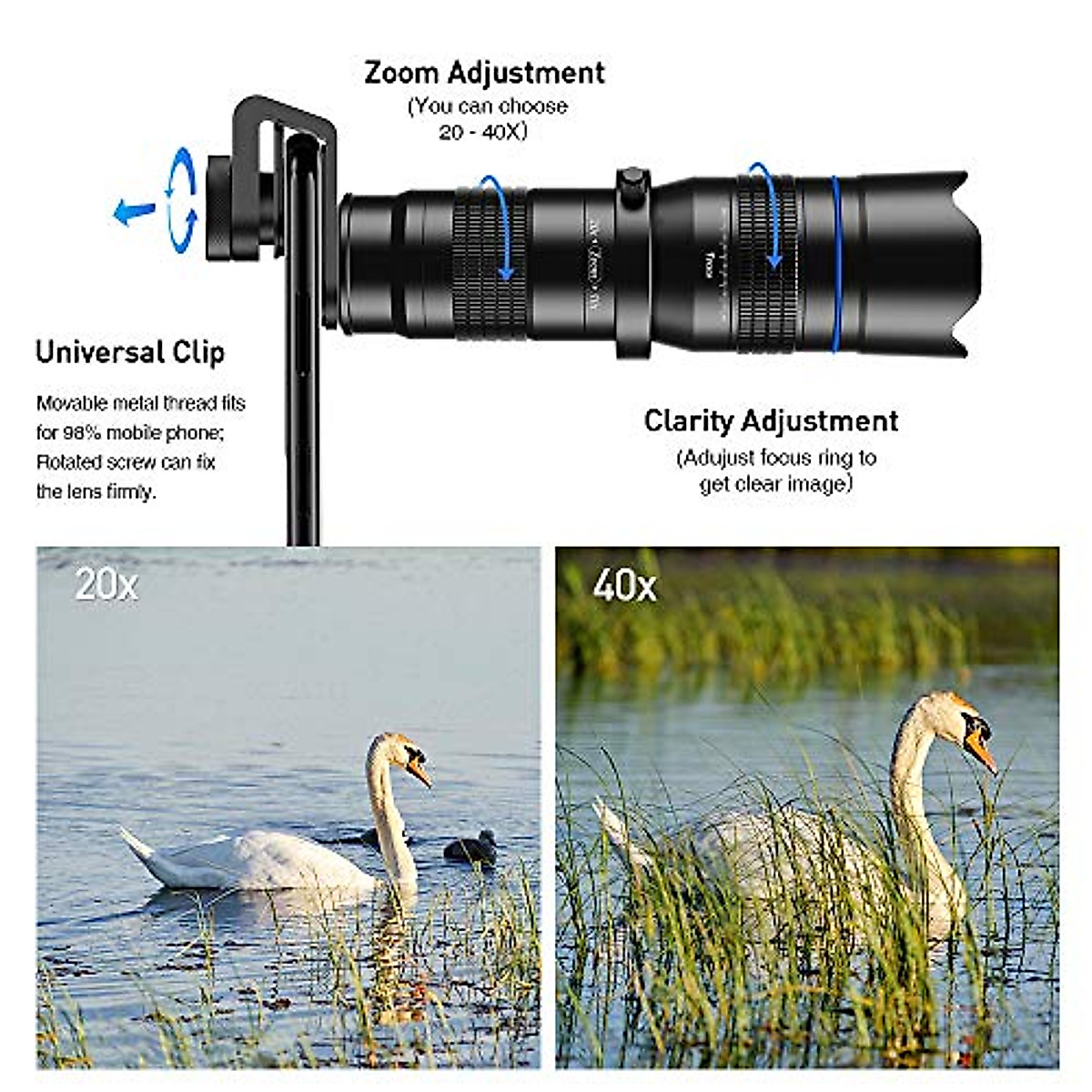 MIAO LAB HD 20-40X Zoom Lens with Tripod Telephoto Mobile Phone Lens Telescope for iPhone13 Samsung Other Smartphones Hunting Camping Sports