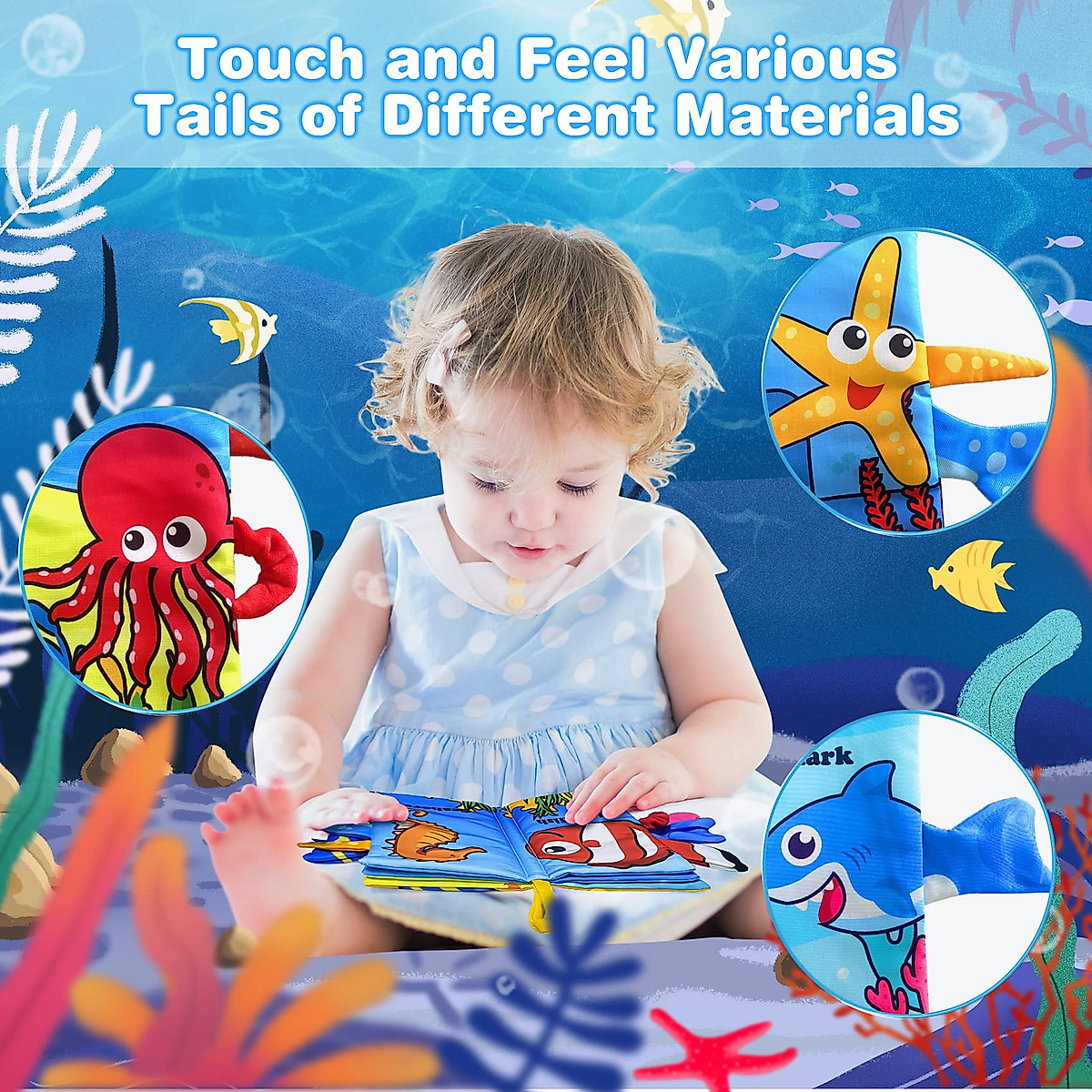 Jupizia Baby Books Toys, Touch and Feel Crinkle Soft Sensory Cloth Books for Babies, Newborns & Infants, Tails Toys Gifts for Boys & Girls