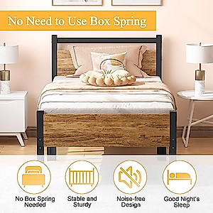 Musen Twin Bed Frames with Wood Headboard 12.4 Inch Metal Platform Bed Frame with Storage No Box Spring Needed Sturdy Non-Slip Without Noise Black & Rustic Brown