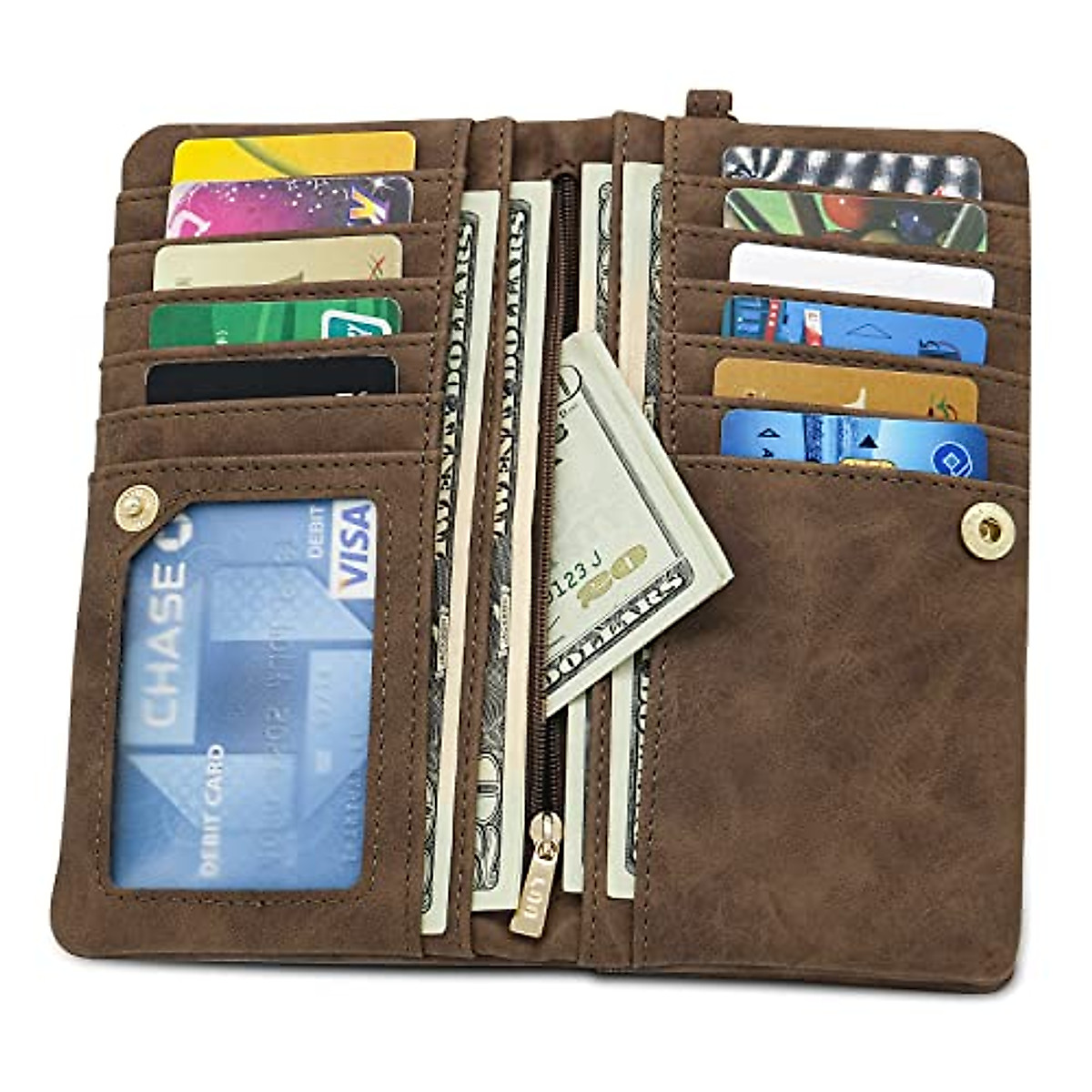 Women Vegan Leather Wallet Long Bifold Clutch Wallet for Women with Zipper Coin Pocket Purse (Coffee)