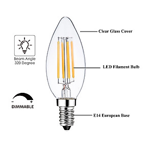 Sunaiony E14 Light Bulb 40 Watt Equivalent Dimmable Candle Bulb 2700K Warm White, Candelabra LED E14 European Light Bulbs, 6 Pack