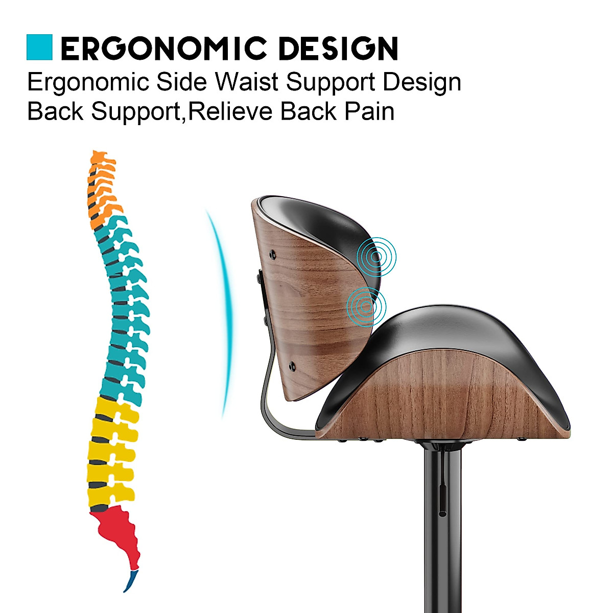 ONME Bar Stools Set of 2, Adjustable Height Swivel Bar Stools, PU Leather Upholstered Bar Chair with Back and Footrest for Bar, Kitchen, Dining Room, Dark Black