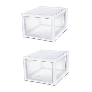 Sterilite 27 Quart White Frame Clear Plastic Stackable Storage Container Bin w/Single Drawer for Craft, Pantry, Sink, & Desktop Organization, 2 Pack