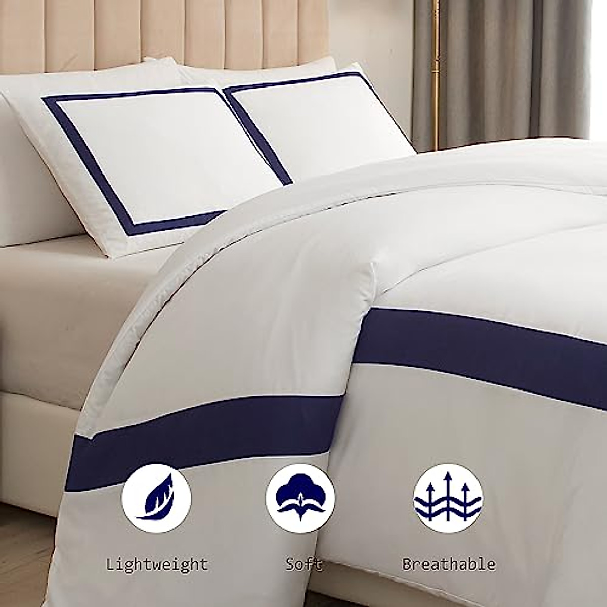 OSVINO Hotel Duvet Cover Set Queen Size 3Pcs Microfiber Navy Line Pattern Bedding Collection Ultra Soft Breathable Duvet Cover with Pillowcases