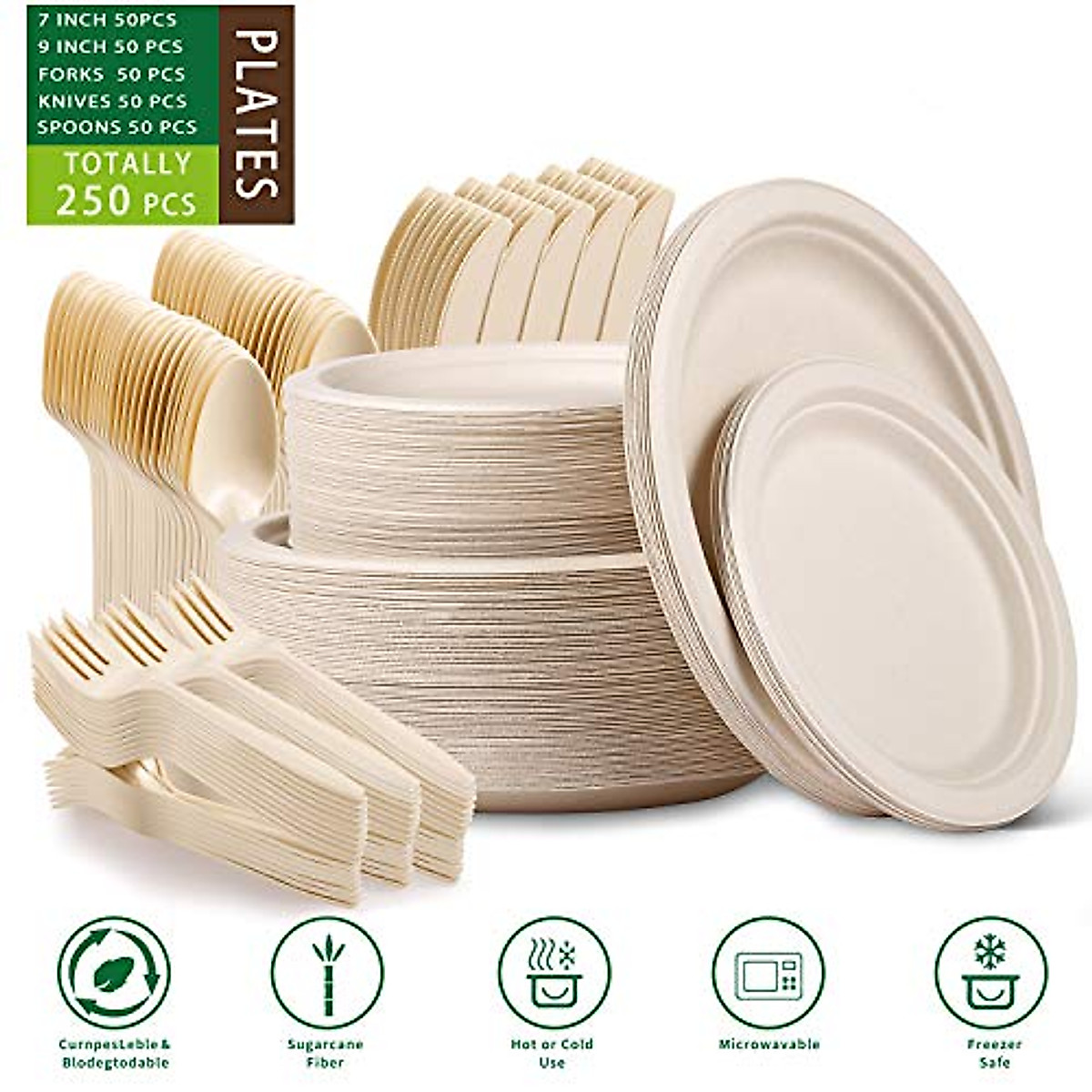 Paper Plates Heavy Duty,Paper Plates Set,Dinner Plates Set,Sugarcane Disposable Paper Plates Set Eco,9 Inch and 7 Inch Party Plates,Forks,Knives and Spoons Set for 50 People [250 PCS]