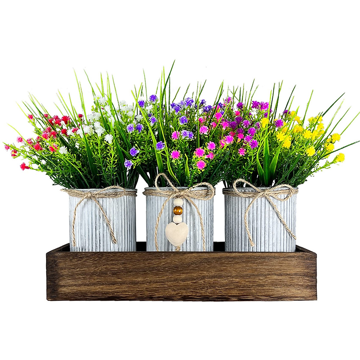 CALAVAK Decorative Centerpiece Wooden Tray with 3 Metal Potted Artificial Babys Breath Gypsophila Plant Flowers Rustic Country Farmhouse Décor for Dining Room, Living Room and Kitchen Table