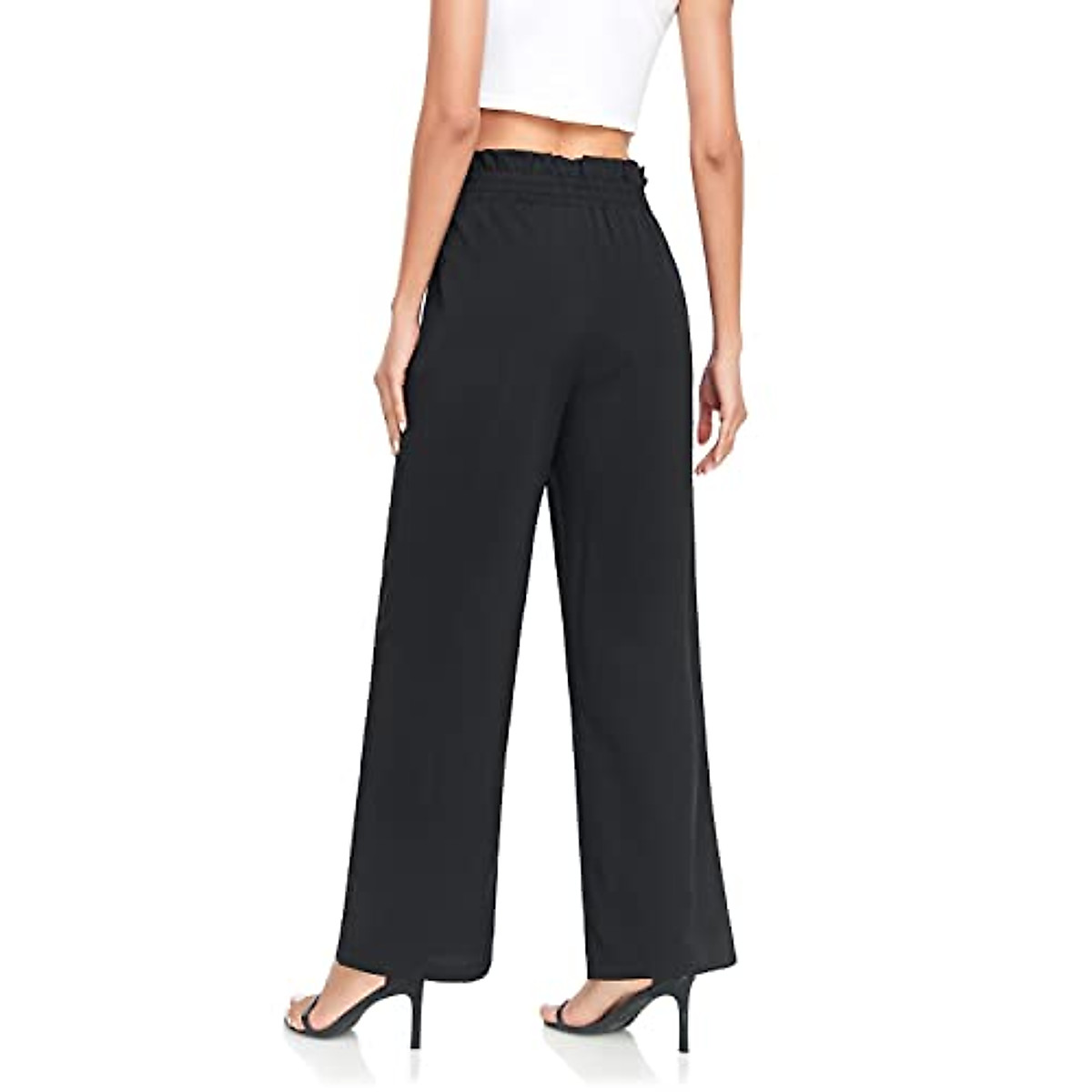 DIBOYU Women's Pants High Waist Palazzo Casual Wide Leg Pant Elastic Waist Pockets Pants with Belt XBK_XL Black