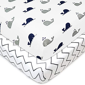 TL Care 2 Pack Fitted Mini Crib Sheet 24" x 38", Soft Breathable Neutral 100% Cotton Jersey Portable Sheet, Navy Whale/Gray Zigzag, for Boys and Girls, Fits Most Pack N Play Mattresses