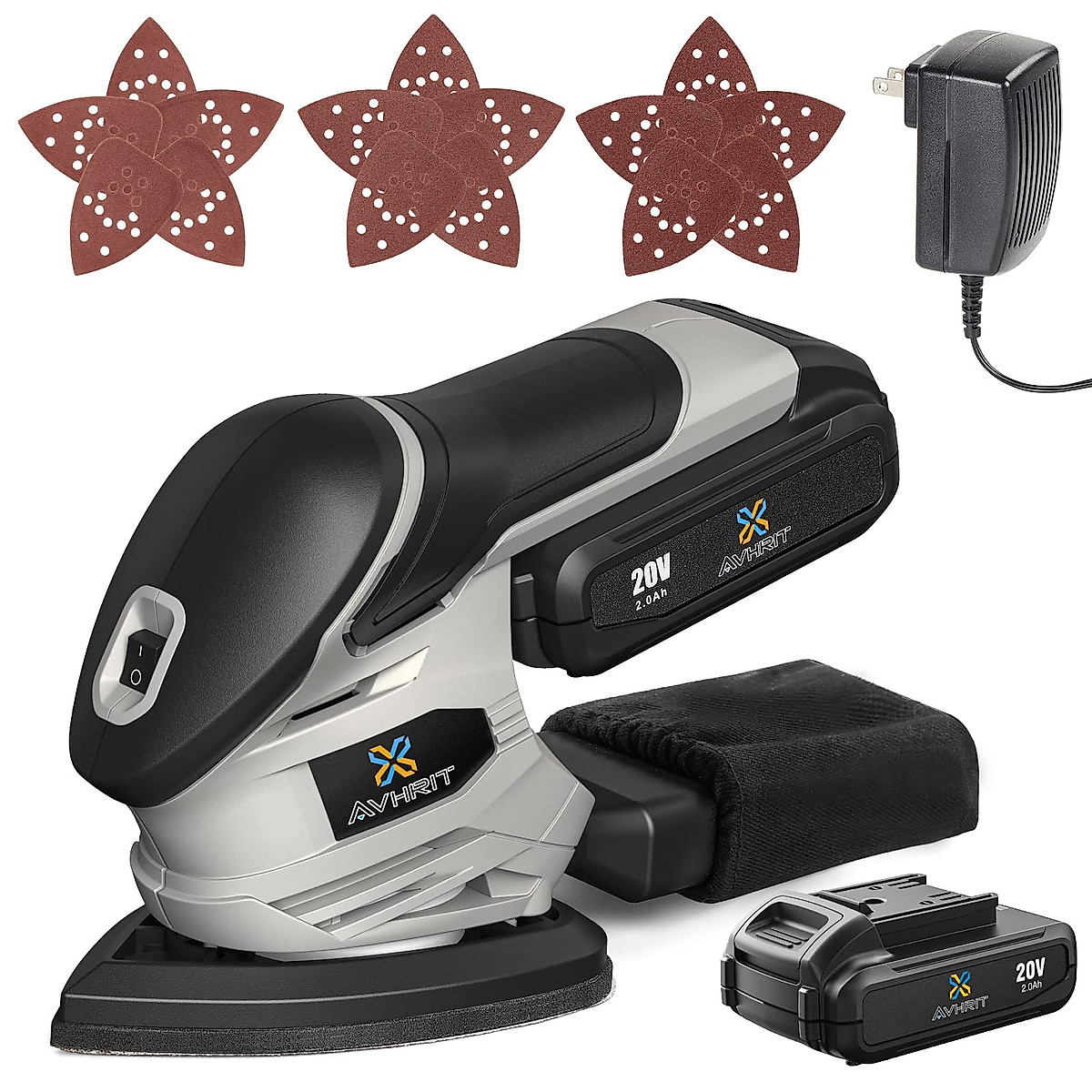 Cordless Detail Sander for Woodworking,20V Hand Sander with 1X2.0A Battery & Charger, 15000 OPM Mouse Detail Sander with 15PCS Sandpapers, Efficient Dust Collection System Tools for Wood Furniture