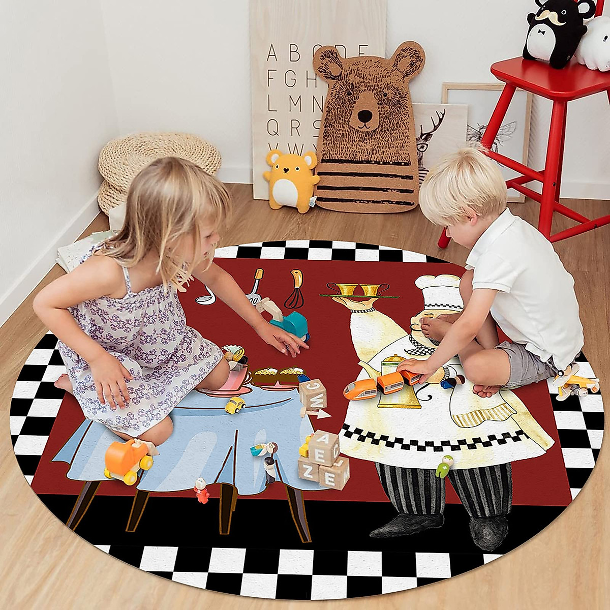 Kitchen Coke Coffee Chefs Round Area Rugs Collection 3', Rustic Black and White Buffalo Plaid Indoor Circular Throw Runner Rug Floor Mat Carpet for Living Room Dining Table Bedroom Nursery Decor