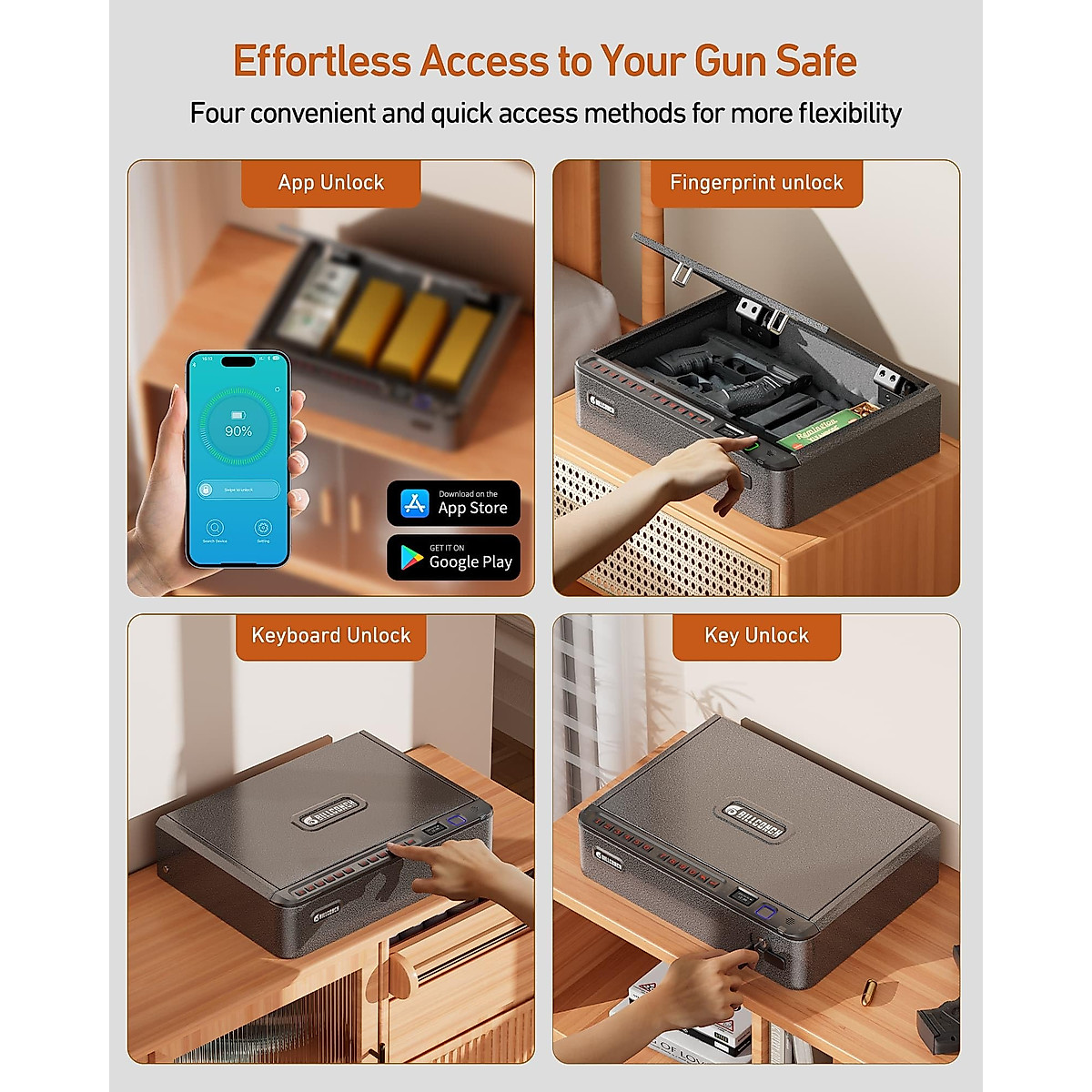 BILLCONCH Smart Gun Safe - Biometric Gun Safe for Pistols with Fingerprint/Full-digital Keypad/Key/Smartphone Lock, Quick-Access Pistol Safe for Beside Nightstand Handgun Safe with LCD/Voice Guide