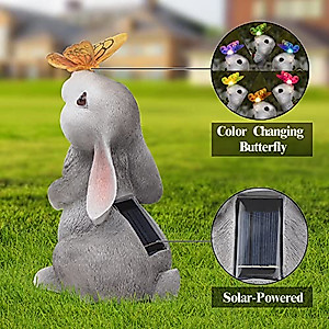 Sinhra Garden Statue Outdoor Decor-Rabbit with Solar Butterfly Changing Lights Garden Statues,Bunny Statue for Patio,Balcony,Yard,Lawn Ornament,Gardening Gifts for Mom Grandma