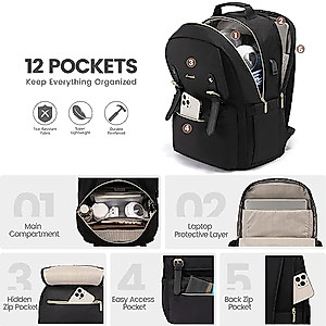 LOVEVOOK Laptop Backpack for Women College Casual Daypacks Stylish Travel Backpack Teacher Nurse Shoulder Purse Bag Fits up to 15.6Inch Laptop (Black)