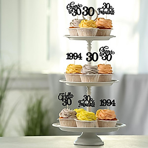 Gyufise 30Pcs 30th Birthday Cupcake Toppers Glitter Hello 30 Cupcake Topper Cheers to 30 1994 Thirty Cupcake Picks for Happy 30th Birthday Anniversary Party Cake Decorations Black