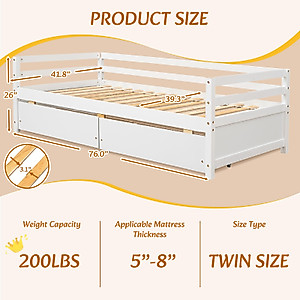 ROCKINGRUN Twin Daybed with 2 Storage Drawers,Pinewood Twin Size Daybed Frame with Guardrail,for Boys/Girls/Teens Bedroom, Easy to Assemble, No Box Spring Needed,White