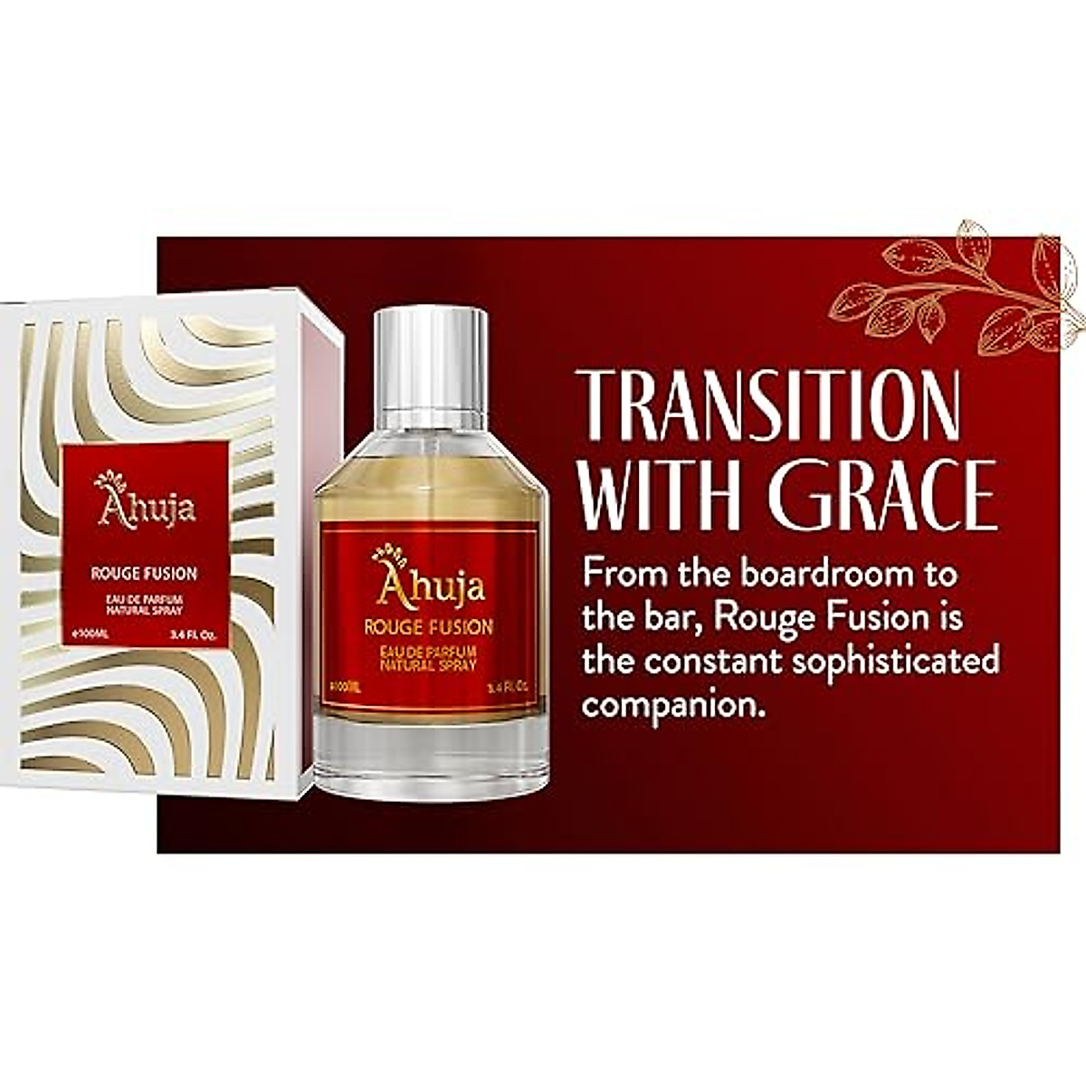 AHUJA Rouge Fusion Unisex Eau De Parfum 3.4 fl oz - Vanilla Perfume W/Bold Citrus Scents & Allure Of Roses, Geraniums, & Pine - Sophisticated Scents