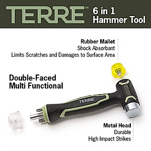 Terre Products, 6 in 1 Double Faced Hammer Tool, Small Rubber Mallet Hammer, Built-In Multi Bit Screwdriver, Ergonomic Non-Slip TPR Handle, Perfect for Crafts, Jewelry, Wood, Auto, and Flooring