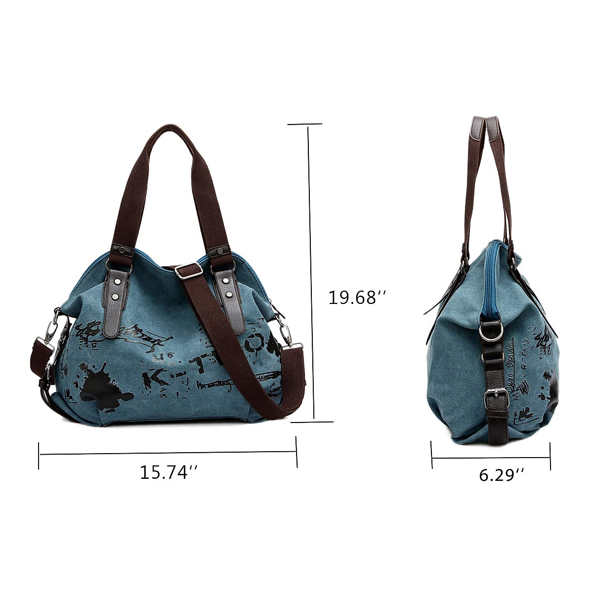 Chikencall Women Ladies Bags Casual Vintage Hobo Canvas Mulit-Pocket Daily Purse Messenger Top Handle Shoulder Large Tote Shopper Handbag Shopping Graffiti European Style Bags-Blue