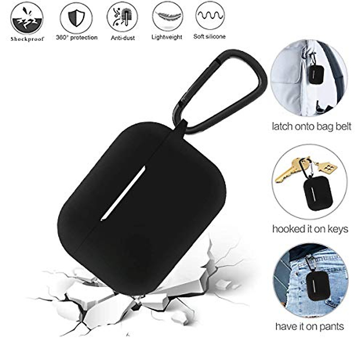 for Airpods Pro Case Black, 12in1 Kit Silicone Accessory Set Protective Cover for AirPods Pro 1st Generation with Watch Band Holder/Ear Hook/Ear Hangers/Ear Tip/Strap/Ring/Keychain/Brush/Carrying Box