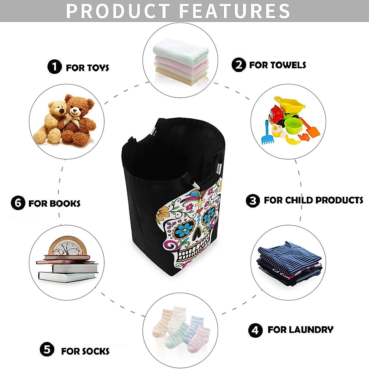 visesunny Sugar Skull Floral Large Laundry Hamper with Handle Foldable Durable Clothes Hamper Laundry Bag Toy Bin for Bathroom, Bedroom, Dorm, Travel