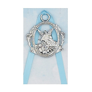 CatholicStore Guardian Angel Crib Medal with Blue Ribbon, Fine Pewter, 2-1/2"