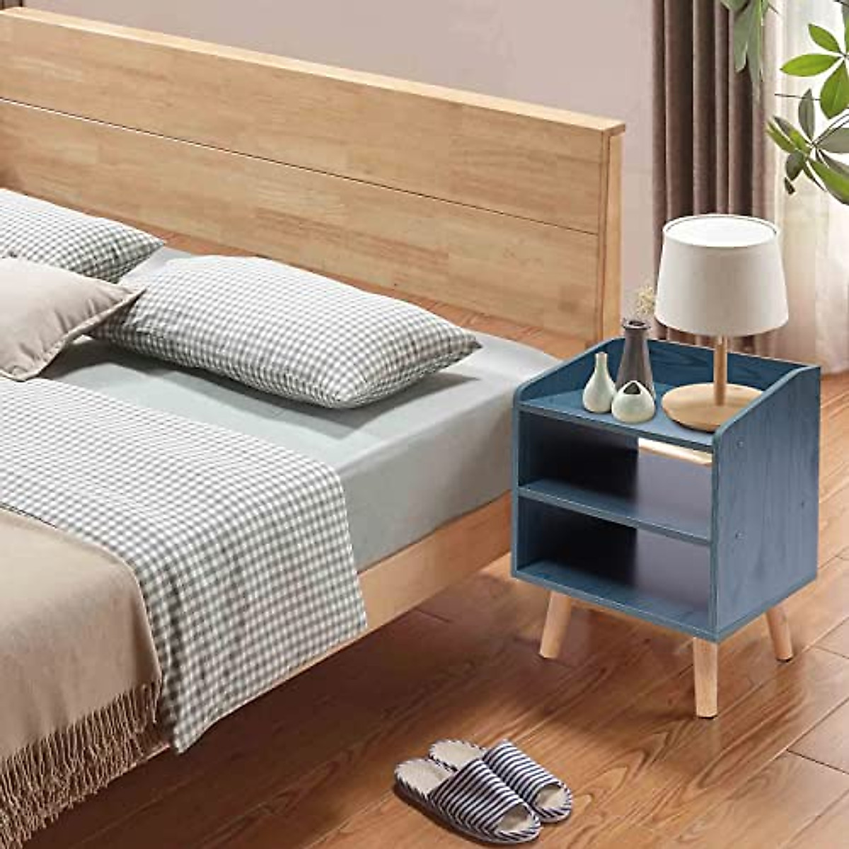 Small Bedroom Nightstand/Minimalist End Table/Side Table/Little Table - with 2 Open Storage Cabinets/Solid Wood Legs,Modern Bedside Night Stand for Bedroom, Living Room（Blue ）- Easy Assembly
