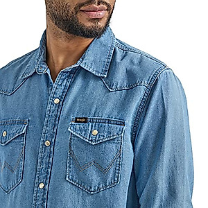 Wrangler Men's Iconic Denim Regular Fit Snap Shirt, Lake Wash, Large