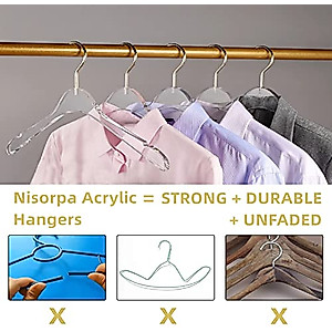 Nisorpa 10 Pack Acrylic Clear Hangers, Acrylic Crystal Clothes Hangers Clothing Standard Hangers with Gold Swivel Hook & Non-Slip Notches for Suit Coat Sweater Jacket Blouse Dress Skirts Shirts