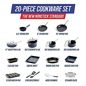 Blue Diamond Cookware Diamond Infused Ceramic Nonstick 20 Piece Cookware Bakeware Pots and Pans Set, PFAS-Free, Dishwasher Safe, Oven Safe, Blue