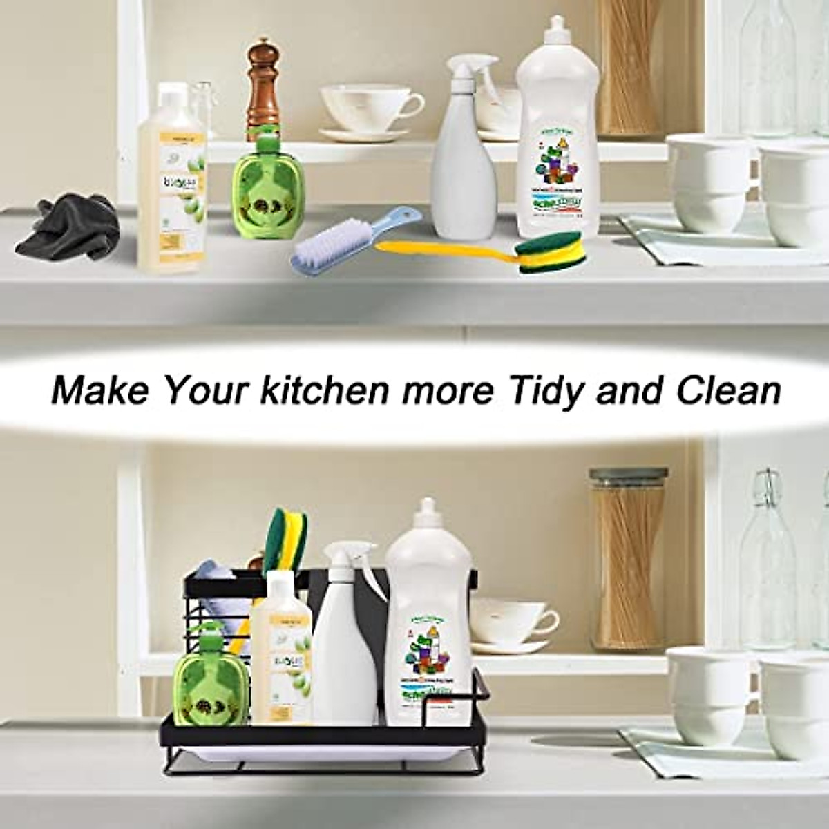 Kitchen Sink Caddy Organizer, Kitchen Caddy for Sponge Soap Brush Dishcloth Holder with Drain Pan Tray, Sponge Holder for Kitchen Sink 304 Stainless Steel Rustproof