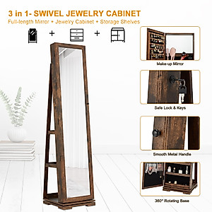 Buymoth 3-in-1 Rotating Jewelry Armoire Cabinet, Freestanding Lockable Jewelry Cabinet Organizer w/Full Length Mirror, Large Storage Capacity, Built-in Makeup Mirror & 3-Tier Rear Shelves,Rustic Brown