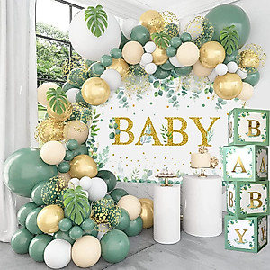 DataMoon 125PCS Sage Green Baby Shower Decorations - Retro Green and Gold Balloons Different Sizes, Green Baby Backdrop and Sage Green Baby Boxes for Gender Reveal, Birthday, Woodland Jungle Party
