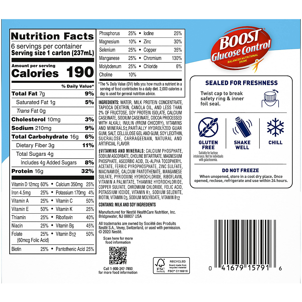 BOOST Glucose Control Balanced Nutritional Drink, Rich Chocolate, Helps Manage Blood Sugar with No Artificial Colors, 8 FL OZ Bottles, 6 CT (Pack of 1)