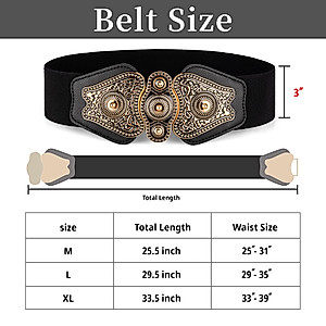 Womens Stretch Elastic Waist Wide Belt Black with Fashion Western Retro Buckle