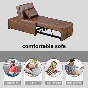 LEVNARY Convertible Chair Bed Sleeper, Pu Leather 4 in 1 Single Sofa Folding Chair Ottoman, Pull Out Small Couch Ottoman Bed for Home Living Room (Leather Brown)