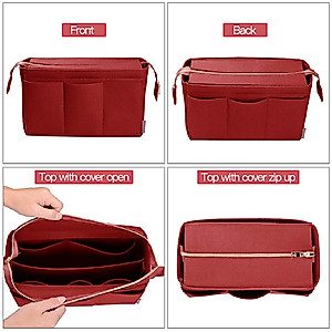 Purse Organizer Insert,Felt Bag Organizer with NEW Detachable Zipper cover, fits, St Lious, Tote and handbag shaper (Medium, Red)