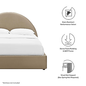 Modway Resort Queen Size Platform Bed with Arch Shaped Round Headboard in Taupe, Upholstered Velvet Bed Frameain-Resistant Performance Velvet, Soft Cloud Bed Frame, No Box Spring Needed