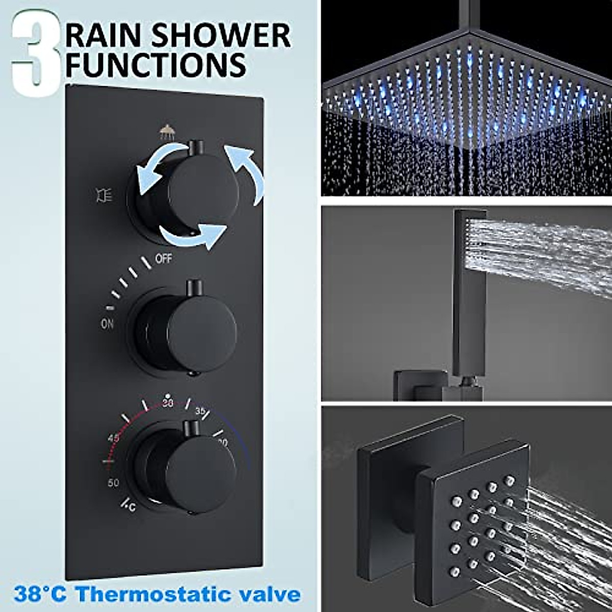 Body Jet Shower System 16 Inch LED Rain Shower Head Faucet with Thermostatic Mixer Valve and 6 Massage Body Sprays and Handheld Shower Combo Set Large Flow(Matte Black)